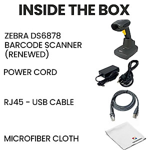 Zebra Wireless Barcode Scanner DS6878 Bundle - Includes Zebra Symbol 1D/2D Barcode & QR Code Scanner w/Bluetooth Connection, Rechargeable Battery, USB Cord, Microfiber Cloth (Renewed)