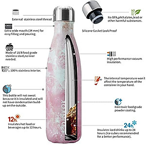 BJPKPK Insulated Water Bottles -17oz/500ml -Stainless Steel Water bottles,Sports water bottles Keep cold for 24 Hours and hot for 12 Hours,BPA Free kids water bottles for School-Marble Sakura
