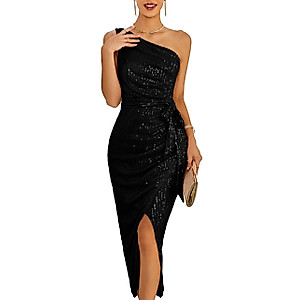 GRACE KARIN Women Sleeveless One Shoulder Glitter Dress Sparkly Sequin Wrap Dress Cocktail Party Wedding Maxi Dresses with Slit Black XL