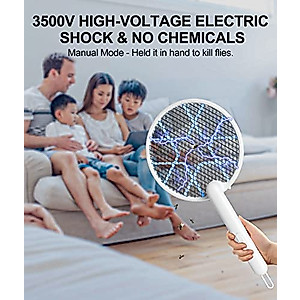 MOSQZAP Electric Fly Swatter, Foldable Bug Zapper Racket, 3,500Volt Mosquito Killer Electronic Fly Zapper w/Purple Light Attractant for Home Indoor Outdoor, Large Size, White