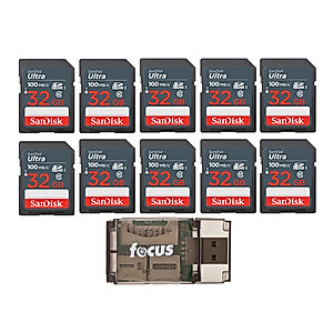 SanDisk 32GB Ultra SDHC UHS-I Memory Card (10-Pack) Bundle with High Speed USB Card Reader (11 Items)