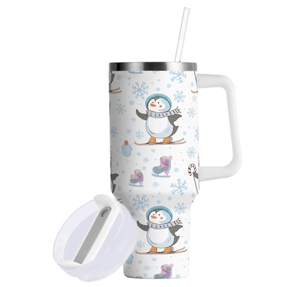 RPLIFE Cute Penguins White Travel Coffee Tumbler, Stainless Steel Cup, Water Cup with Straw and Lid