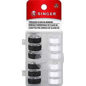 SINGER 30027 Class 66 Threaded Bobbins, Transparent, Black & White, 12-Count,