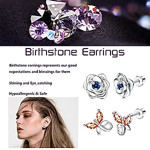 THUNARAZ Hypoallergenic Birthstone Stud Earrings for Women Butterfly Flower Heart CZ Screw Back Earrings Jewelry Gift for Birthday Christmas