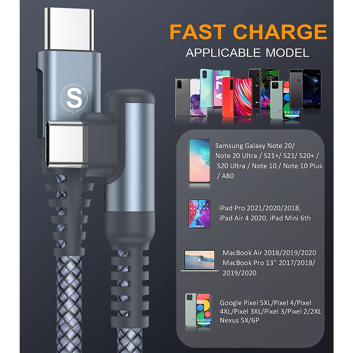 USB-C to USB-C Cable 60w [2-Pack 6.2ft], Right Angle iPhone 15 Fast Charger Cord Compatible with iPhone 15 Plus 15 Pro Max, MacBook Air/Pro,iPad Air/Pro Samsung Galaxy S23 S22 S21 S20+, Note 20 10