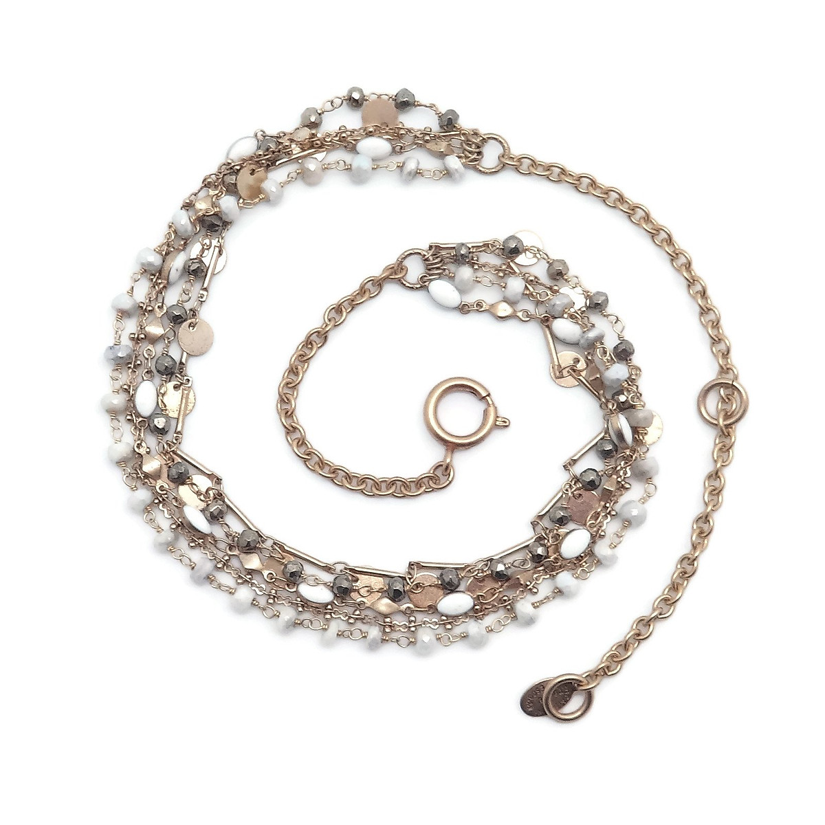 Catherine Popesco White & Grey Mineral Stone Mix Multi Strand Goldtone Necklace