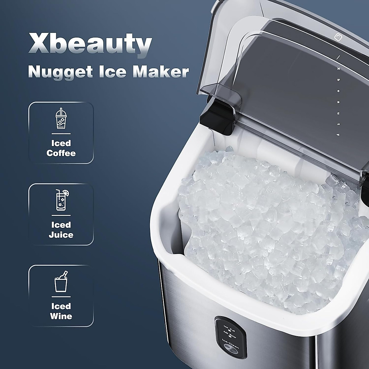 Xbeauty Nugget Ice Maker-Nugget Ice Maker Countertop Up to 35lbs of Ice a Day with Self-Cleaning,Removable Ice Basket&Scoop for Home/Kitchen/Office/Party