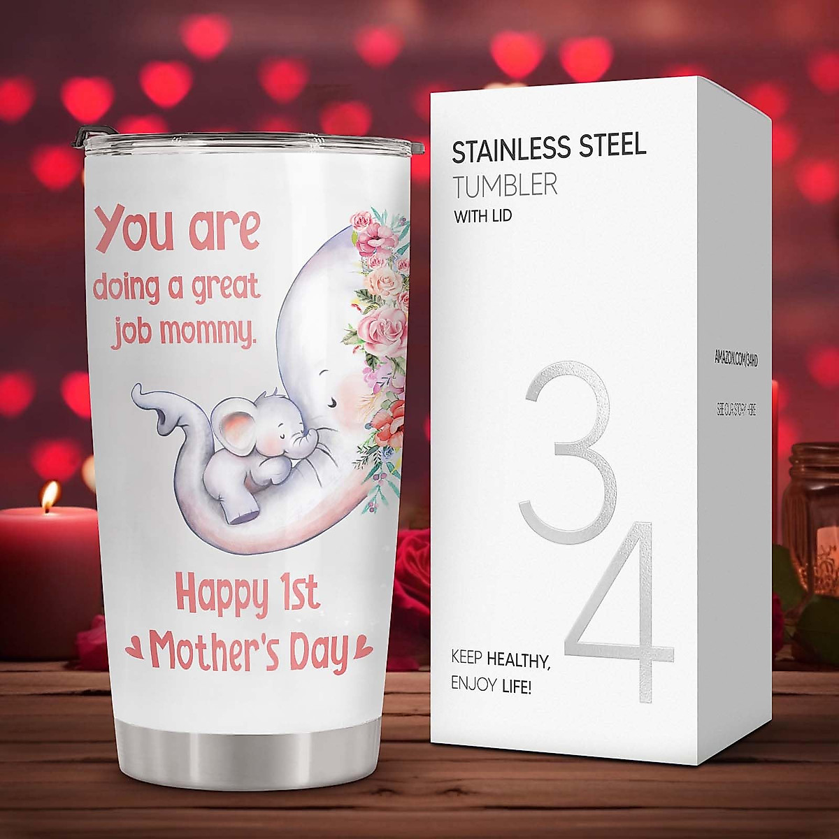 34HD Elephant Mom Tumbler 20oz, Stainless Steel Vacuum Insulated First Mothers Day Mug with Lid, Elephant Gifts for First Time, New, Expecting Mommy, Mother and Child Gifts