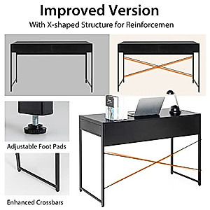 Tangkula Computer Desk with 2 Drawers, 44" Study Writing Table w/Heavy-Duty Steel Frame & Reinforced Structure, PC Desk with Storage for Home Office (Black)