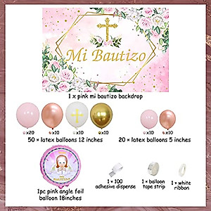 Mi Bautizo Party Decoration Pink White Balloon Garland Kit for Girls with Mi Bautizo Backdrop First Communion Confirmation Christening Decoration Baptism Party Decoration for Bautizo Baby Shower Party