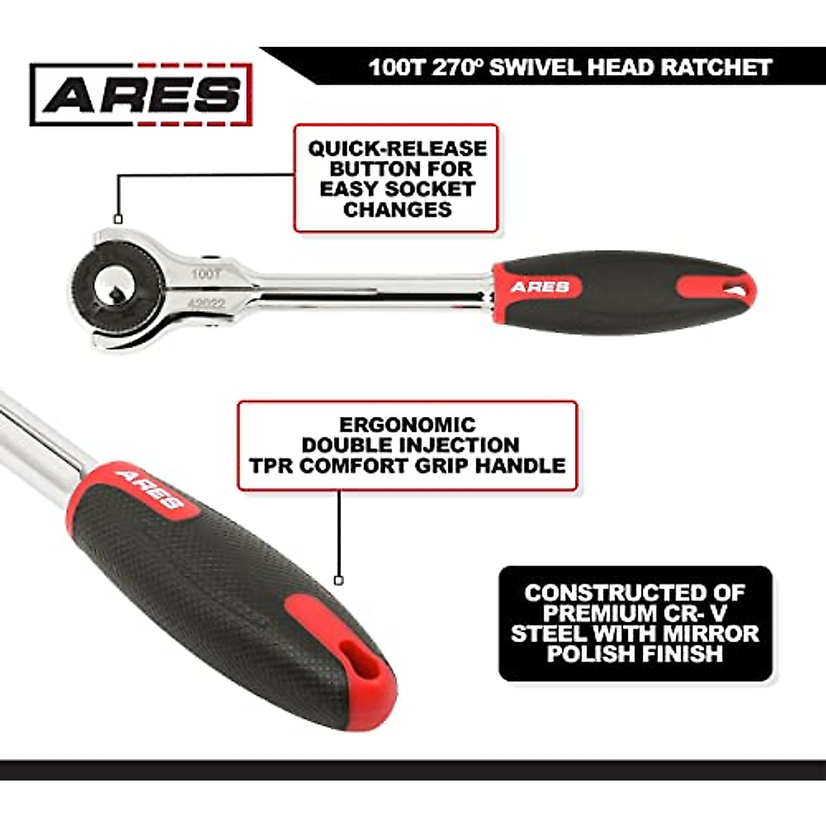 ARES 42022 – 3/8-Inch Drive 100-Tooth Swivel Head Ratchet - 270 Degree Swivel Action - Comfort Grip TPR Handle - Quick-Release Head Design – Chrome Vanadium Steel Construction – Mirror Polish Finish
