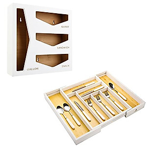 Cozee Bay Bamboo Bag Storage Organizer and Drawer Organizer Bundle for Kitchen Drawer (White)