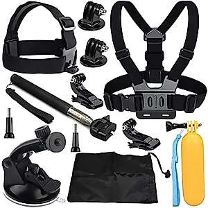 VVHOOY Action Camera Accessories Kit Chest Mount Suction Cup Selfie Stick Head Strap Floating Handle Compatible with Dragon Touch, GoPro HERO11 HERO9 HERO10 HERO8, AKASO EK7000 Brave 4 Brave 7 LE