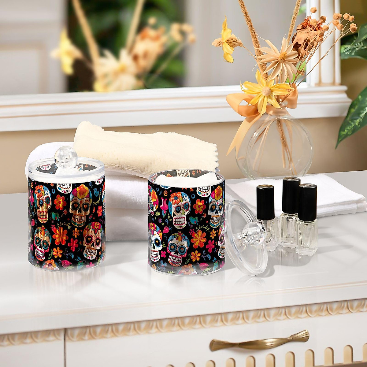 Day Of The Dead Skull Flowers Qtip Holder 2Packs Cotton Ball Holder Bathroom Organizer Dispenser Plastic Jar Apothecary Jars with Lids for Vanity Floss Cotton Pad Swab Room Home Decor