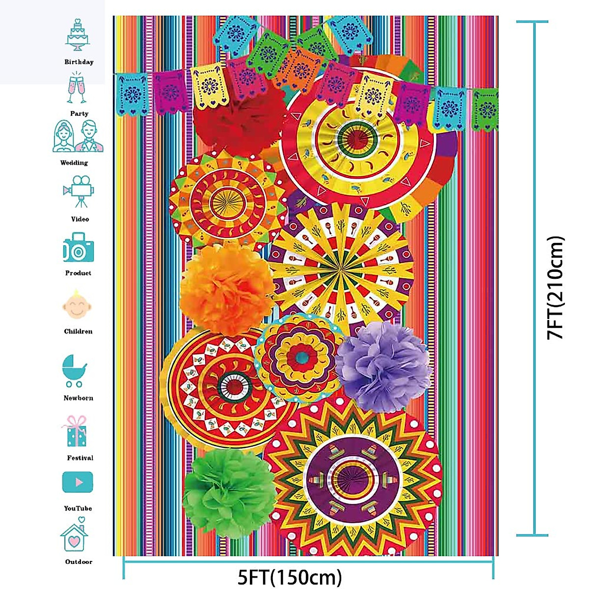 MAQTT 7x5ft Mexican Fiesta Theme Backdrop for Wedding Decoration Beautifull Paper Fans and Flowers Photo Background Baby Shower or Birthday Party Supplies Photo Booth Props