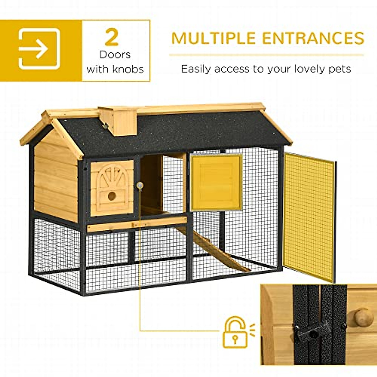 PawHut 47" Wooden Rabbit Hutch Outdoor with Run, Metal Frame, 2-Story Bunny Rabbit Cage with Removable Tray, Ramp, Bunny Hutch with Space-Saving Design