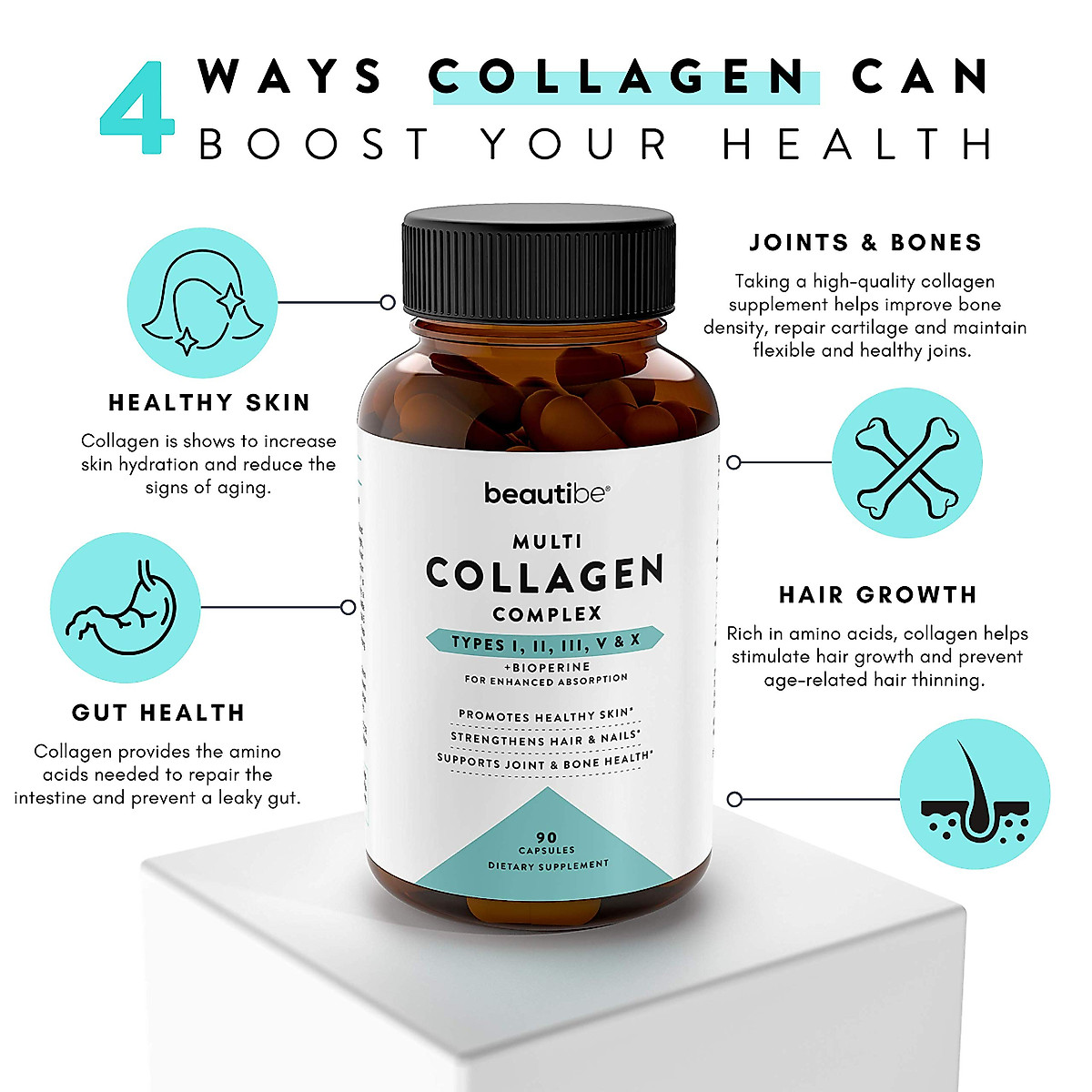 Collagen Pills for Women & Men (Types I, II, III, V & X) - Hydrolyzed Multi Collagen Pills - Collagen Peptides Capsules for Hair, Skin, Nails, Joints & Bones - Bioactive Complex Supplement - BeautiBe
