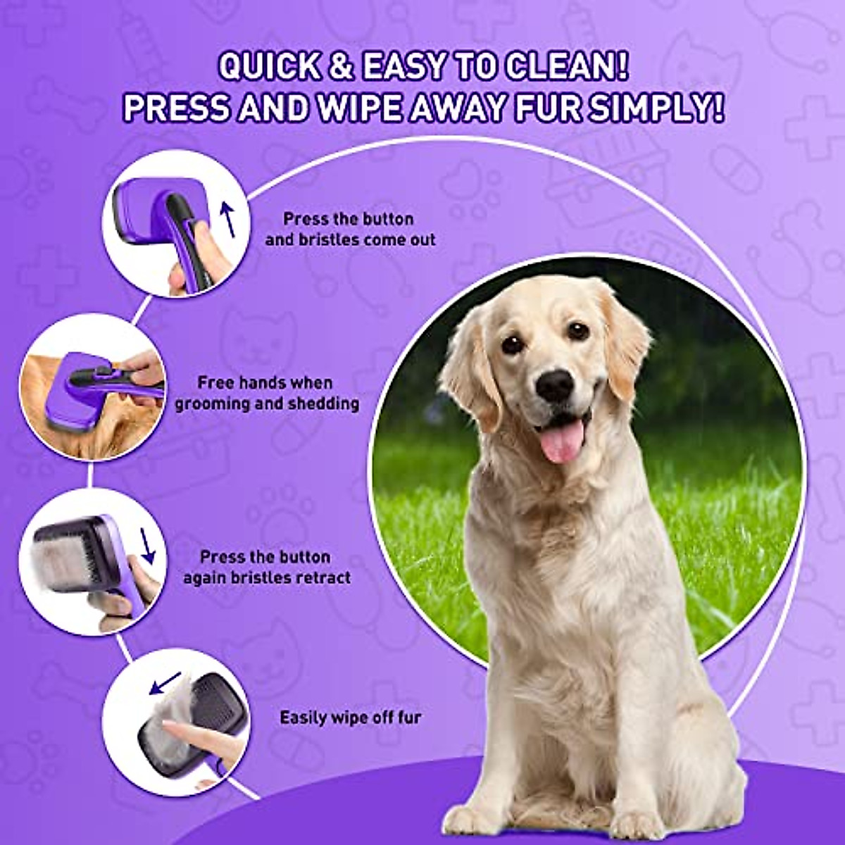 Pet Self Cleaning Slicker Brush for Shedding & Grooming Long Short Haired Dogs, Cats Retractable Brush for Large and Small Gently Removes Loose Undercoat, Mats Tangled Hair from Pet's Coat - Purple
