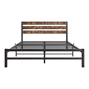 Queen Bed Frame Platform Bed with Rustic Vintage Wood Headboard and Metal Slats Support, Fully Upholstered Mattress Foundation, No Box Spring Needed, Easy Assembly, Black&Brown