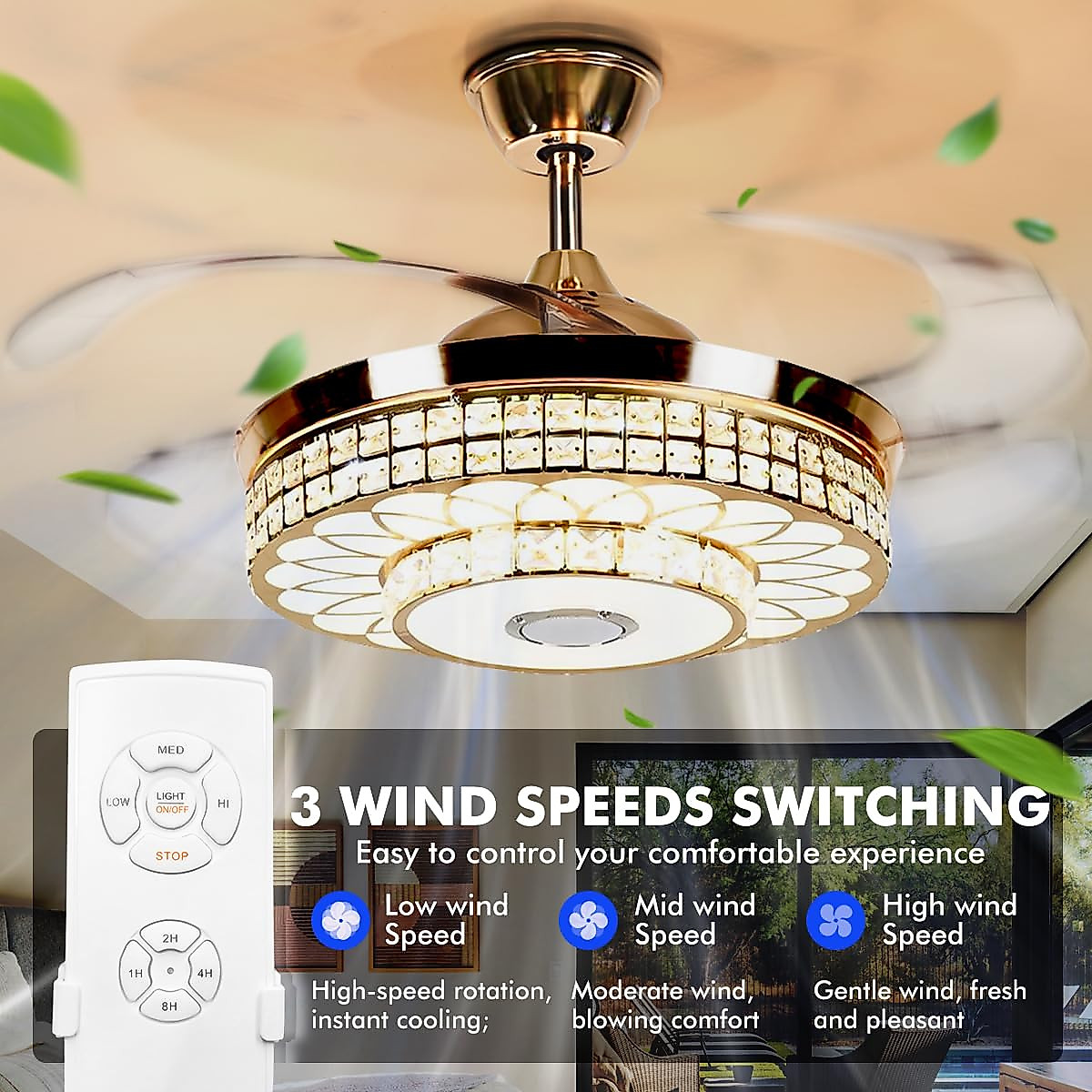 KPIBEST 42 inch Ceiling Fan with Light and Remote Control 3 Lights Levels, Modern Crystal Retractable Chandelier Fans with Bluetooth Music Speaker for Living/Dining Room Bedroom