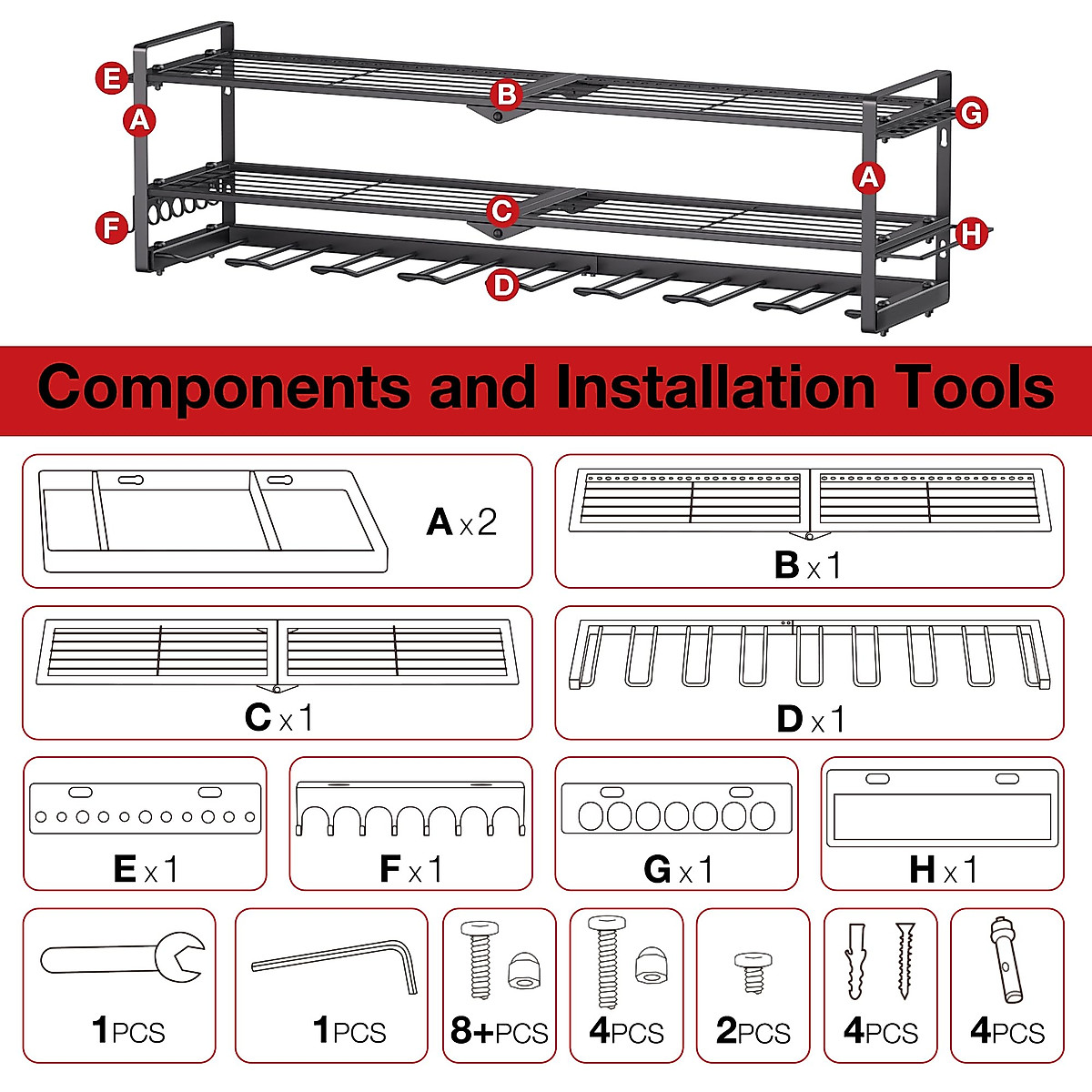 Power Tool Organizer, 8 Drill Holder Wall Mount, Tool Organizer and Storage Rack for Garage Organization, Heavy Duty Metal Tool Organizer and Battery Shelf with Hooks/Screwdriver/Plier/Hammer