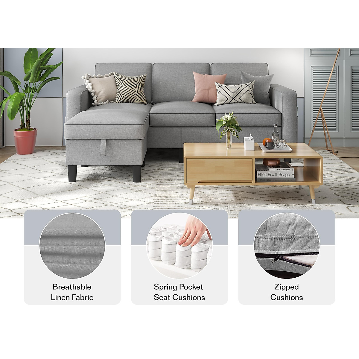 Woyomeub Sectional Couches for Living Room: L Shaped Couch with Storage Ottoman - Gray Sofa 3 Seater Furniture Set Modern Linen Fabric Futon Sleeper Sofas for Apartment Studio Small Space