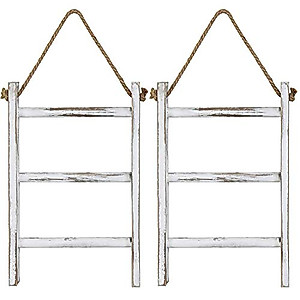 MyGift 3-Tier Wall Hanging Towel Ladder - Farmhouse Whitewashed Wood Mini Hand Towel Rack with Top Rope, Set of 2