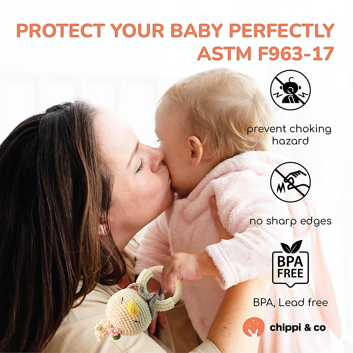 Chippi & Co Wooden Crochet Baby Rattle, Crochet Toys Stuffed Animals Easter Gifts for Kids, Newborn Toys, Unique Easter Basket Stuffers, Basket Filler, Cute Baby Shower Decor (Dora The Chicken)