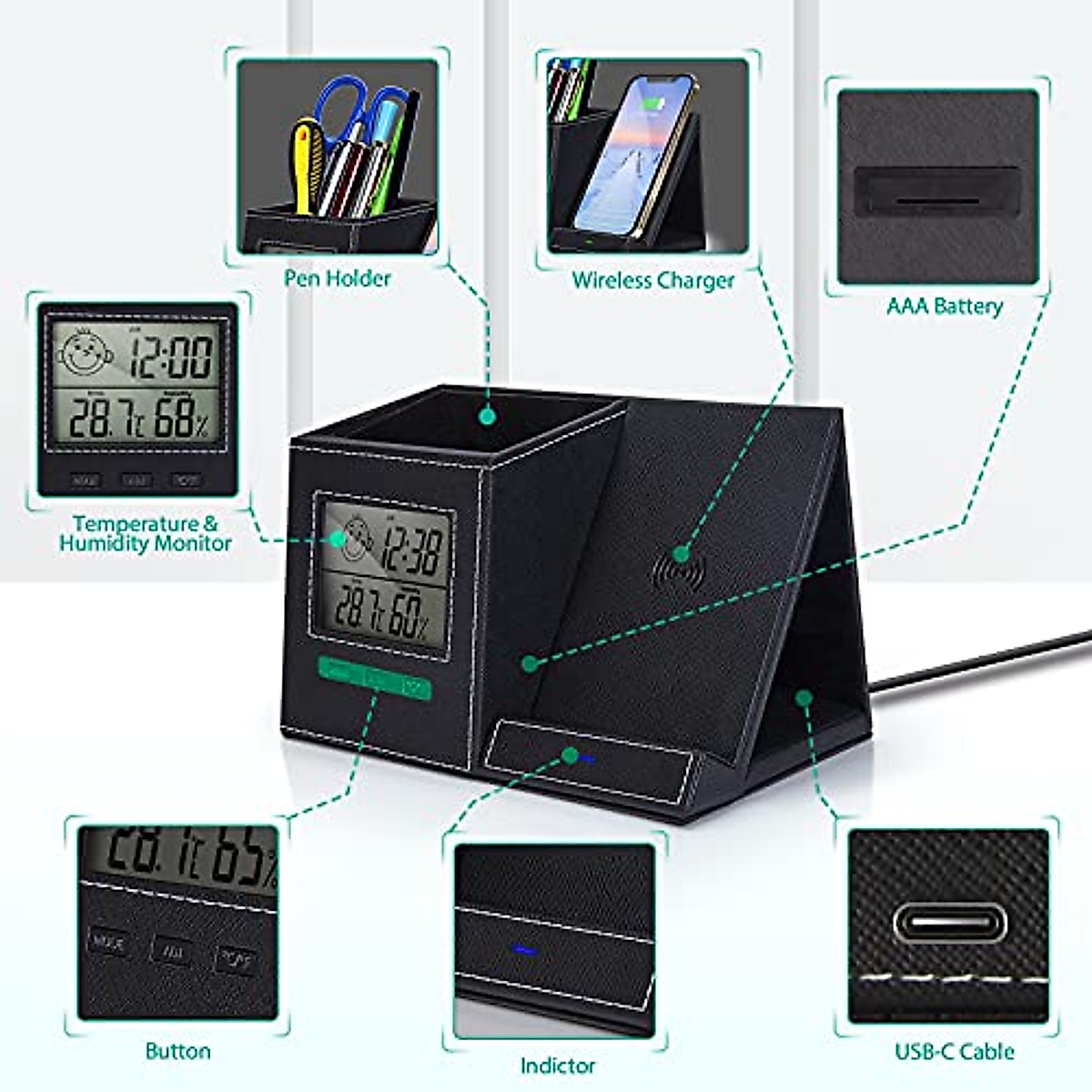 Pen Holder, Pen Organizer for Desk with Wireless Charger, Digital Indoor Thermometer and Humidity Gauge, Desk Organizers and Storage, Multifunctional Home Office Organizers for Desk (Battery Included)