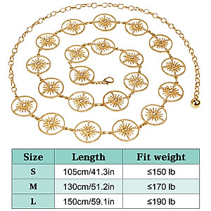 Glamorstar Chain Belts for Women Hollow Metal Waist Chain Belts Dress Belt for Her Circle Crystal Compass Gold 150CM