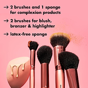 e.l.f. Complexion Essentials Brush & Sponge Set, Concealer, Powder, Blush & Highlighter Brushes & Total Face Sponge, Vegan & Cruelty-Free