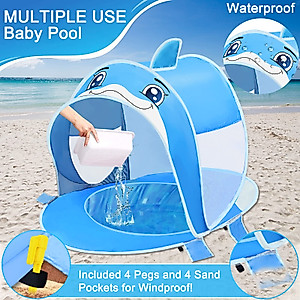 Dolphin Baby Beach Tent with Pool, UPF 50+ UV Protection Pop Up Portable Sun Shade Beach Tent with Sand Pocket, Waterproof Outdoor Sun Shelter for Baby Toddler Age 6-36 Months Baby Essentials