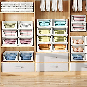 6 Pack Folding Closet Organizers Storage Box, Stackable Storage Bins, Plastic Drawer Basket Closet Storage for Wardrobe Cupboard Kitchen Bathroom Office White-6L