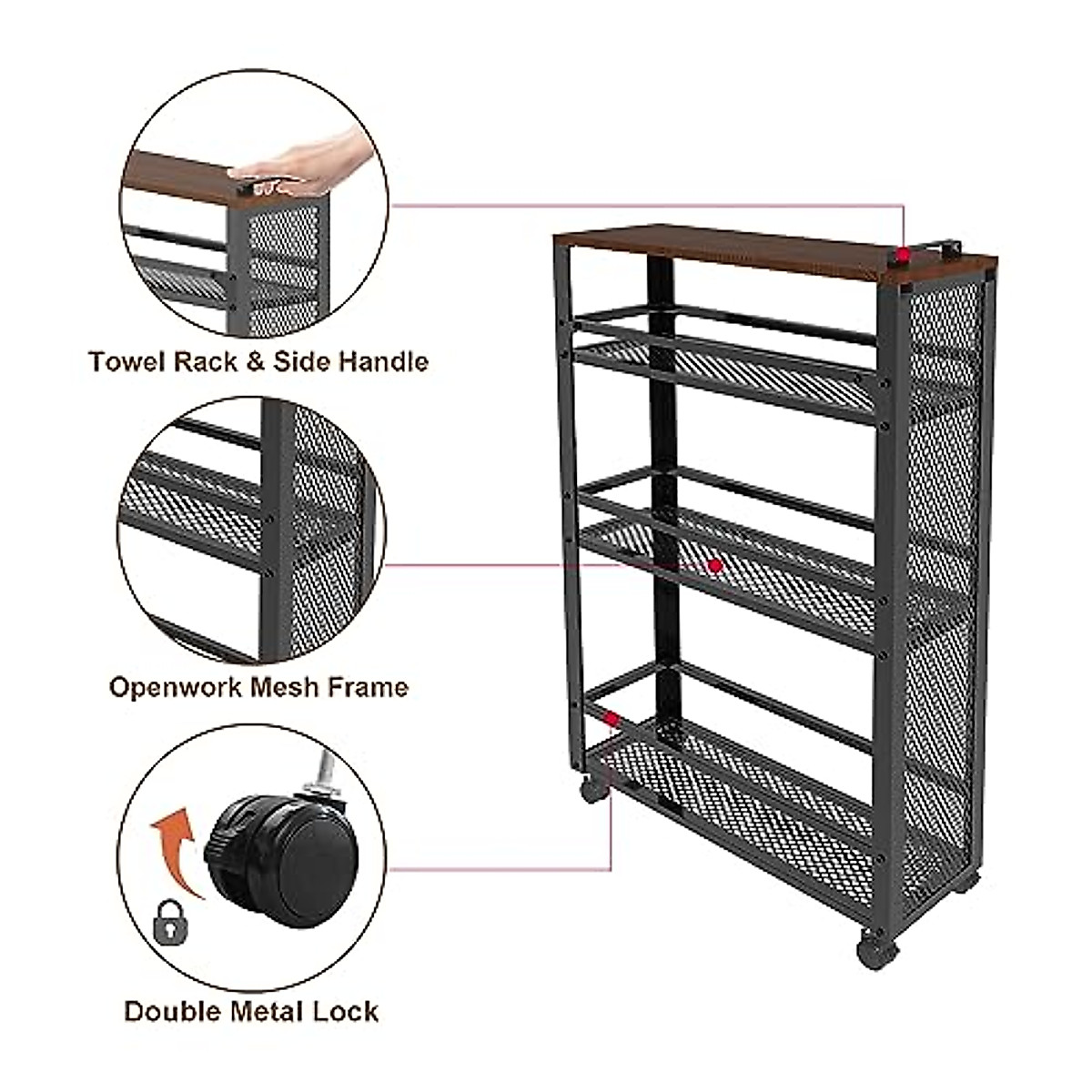 fusehome 2023 New, Slim Kitchen Storage Cart, 3-Tier Metal Rolling Utility Cart Mesh Basket, Multifunction Wire Basket Shelf Trolley for Home Laundry, Bathroom, Living Room, Black