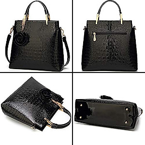 ZiMing Women Handbags Top Handle Tote Bags Satchel Handbag Glossy Patent Leather Shoulder Bag Premium Purses(Rose Pendant)-Coffee