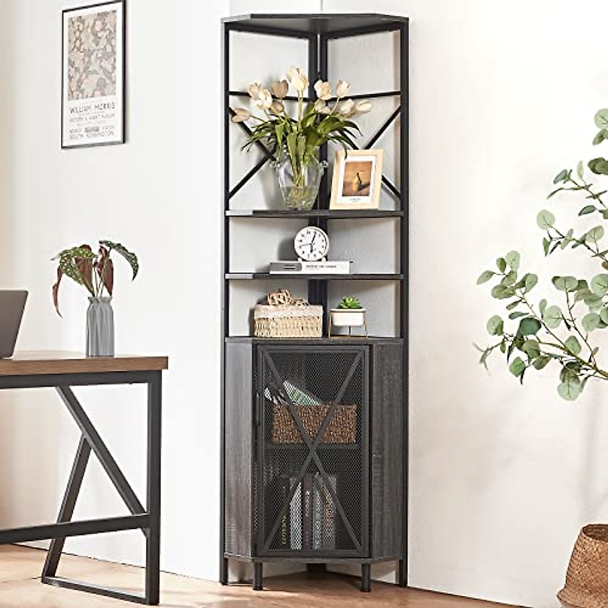 HOMISSUE 5-Tier Corner Shelf with Cabinet, Multipurpose Corner Shelf with Wine Rack and Bar Cabinet, Free Standing Corner Storage Cabinet for Living Room, Home Bar, Home Office, Balcony, Grey