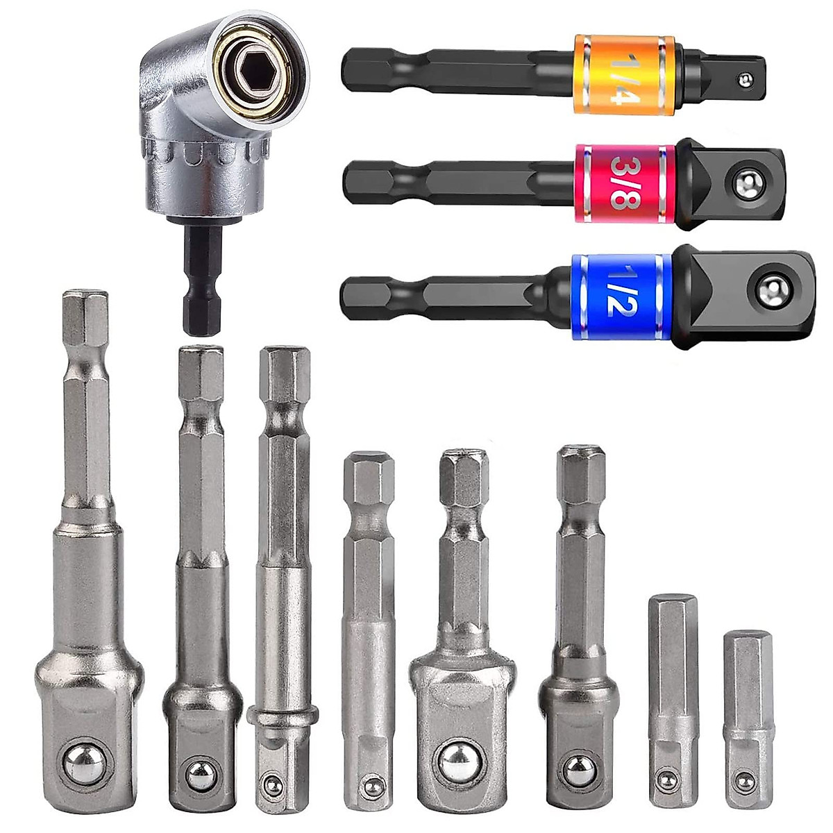 Reppkyh 11Pcs Socket Adapter Impact Hex Shank Drill Bits Power Extension Bar 8Pcs Sets 14 38 12 + 3Pcs 14 Hex Shank Screwdriver Bit Holder High Speed Nut Driver Drive