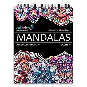 ColorIt Mandalas to Color Volume VI, Spiral Bound Adult Coloring Book, 50 Mandala Designs with Perforated Pages, Hardback Cover, Ink Blotter | for Arts and Crafts, Mandalas Coloring Books for Adults