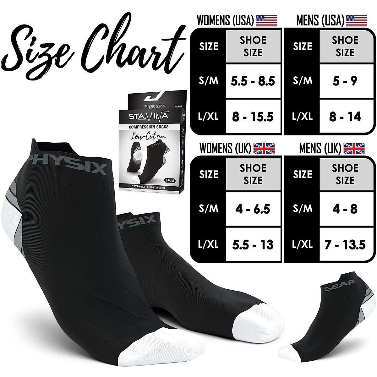 Physix Gear Sport Low Cut Socks Men & Women - Ankle Compression Running Socks (2Pair Blk-Wht L/XL)