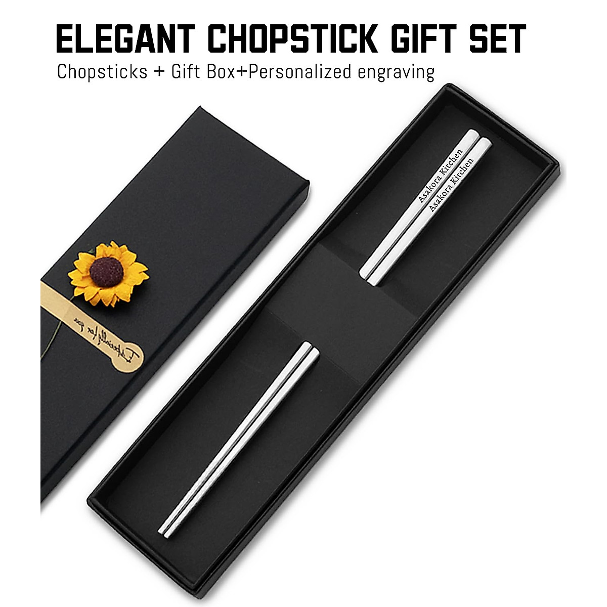 Personalized Chopsticks, Custom Engraved Name Reusable Stainless Steel Chop Sticks, Square Non-Slip ChopSticks Dishwasher Safe for Housewarming Weddings Anniversaries Parties, Gift for Friends