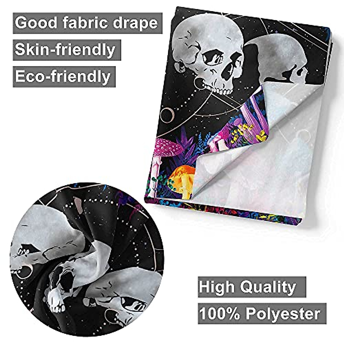 Jinxy Skull Moon Phase Mushroom Garden Tapestry, Psychedelic Floral Plant Tapestry, Wild Flowers Tapestry Home Decor Wall Hanging for Living Roomall Hanging for Living Room (Moon Phase Skull, 51.2" x 59.1")