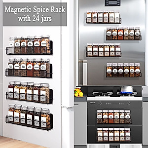 Churboro 4 Pack Magnetic Spice Rack Organizer with 24 Glass Spice Jars-Moveable Magnetic Shelf for Refrigerator- 4 oz Spice Containers with Labels, Medium, Metal Black