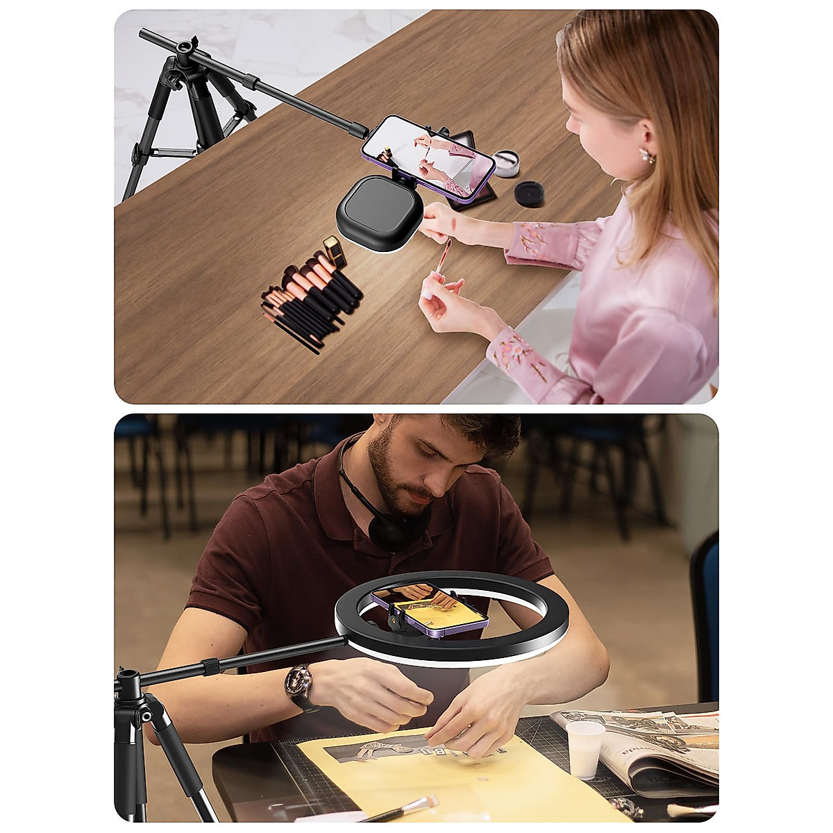 Elitehood Newest Ultra-Stable Overhead Tripod for iPhone – Heavy Duty Aluminum Tripod & 25in Horizontal Long Phone Arm, Tall Phone Stand Mount for Recording, 360°Adjustable iPhone Tripod Stand