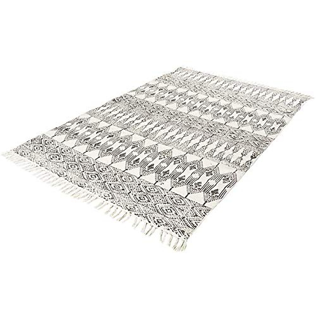 Eyes of India - 4 X 6 ft Off-White Black Cotton Block Print Area Dhurrie Rug Flat Weave Hand Woven Tassel Boho Chic Indian Bohemian Accent Handmade Handwoven