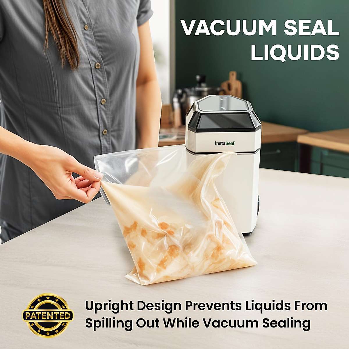 InstaSeal Food Vacuum Sealer Machine with 50 Bags, Patented Upright Food Saver Vacuum Sealer Machine Allows to Vacuum Seal Liquids, Food Sealer Vacuum Sealer for Food Saves & Keeps Food Fresh Longer