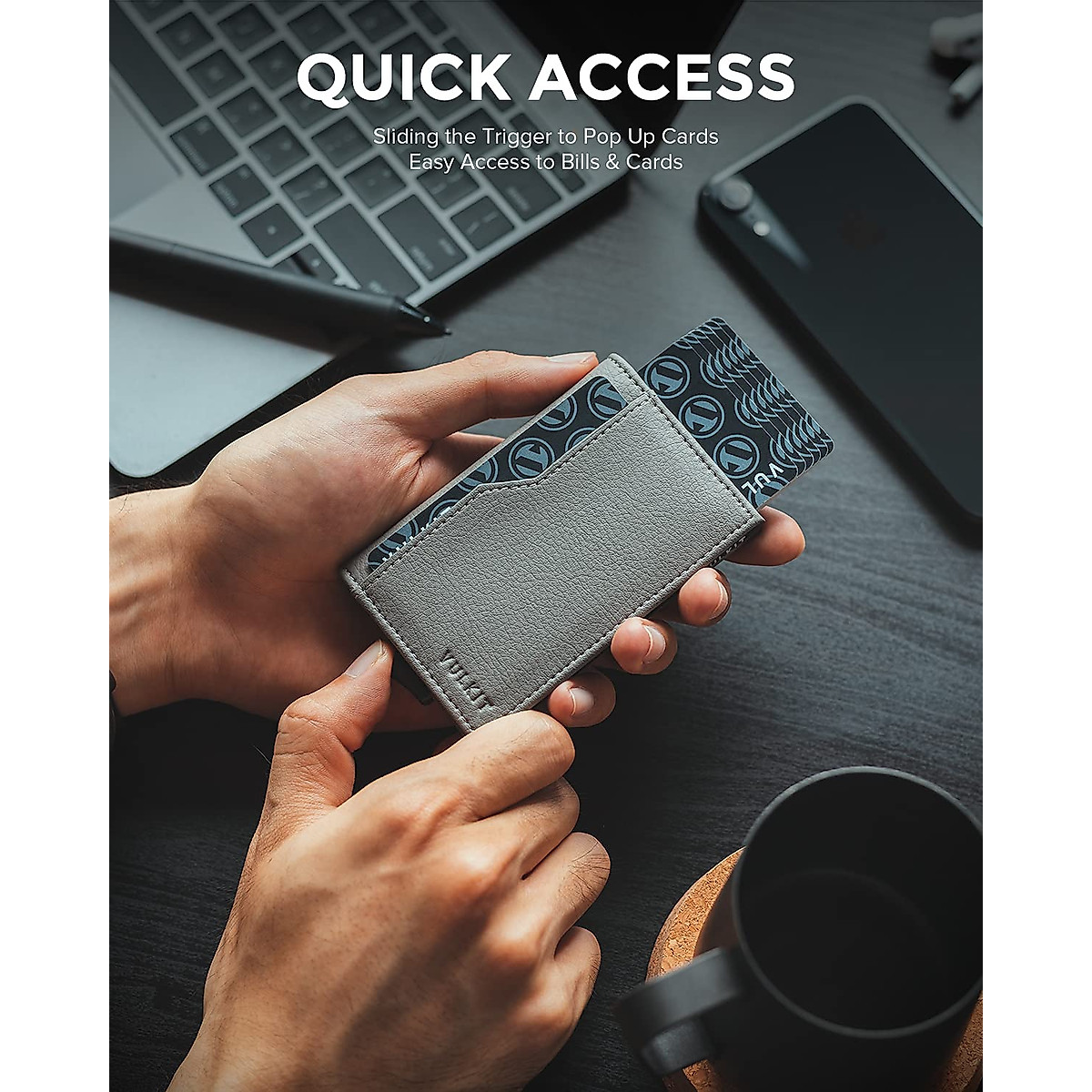 VULKIT Card Holder Wallet for Mens with ID Windows RFID Blocking Pop Up Wallet Slim Leather Wallet Holds Up to 12 Cards Men's Card Case, Iron Grey