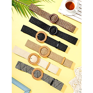 Geyoga 6 Pack Women Straw Belt Woven Elastic Stretch Waist Belt Skinny Braided Waist Belt Boho Rattan Belts with Wood Buckle Belts for Women Dress Belt, 2 Sizes