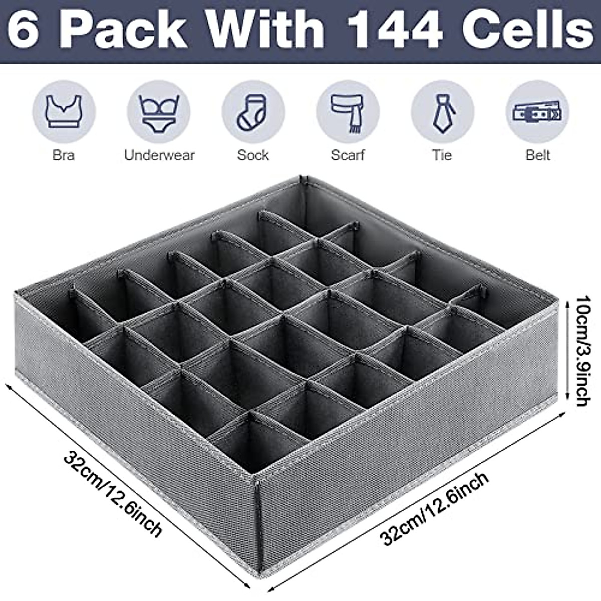 6 Pieces Sock Underwear Drawer Organizer Dividers 144 Cell Sock Drawer Organizers Foldable Cabinet Closet Organizer Underwear Storage Box for Storing Socks Underwear Ties