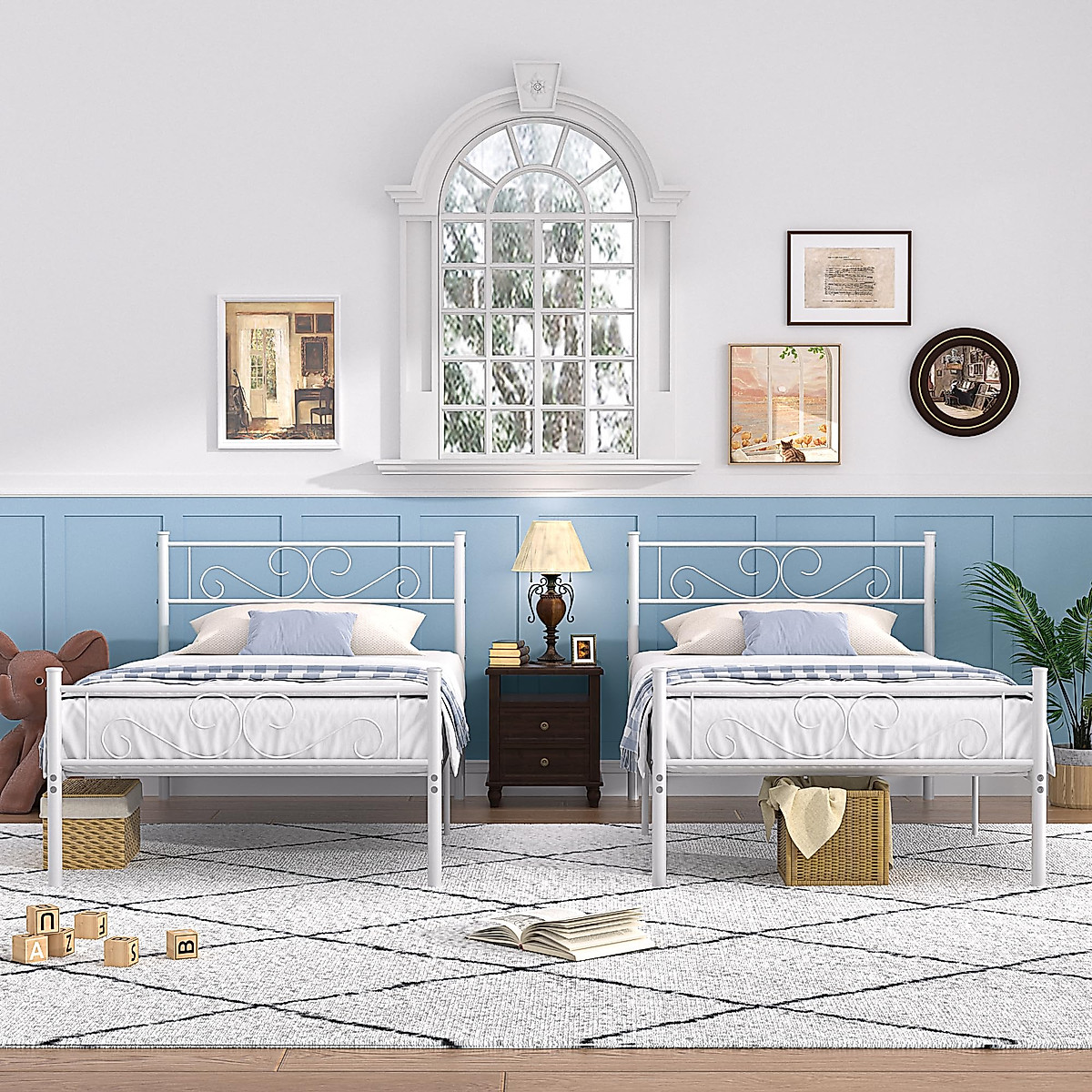 VECELO Twin Size Bed Frame with Headboard, 14 Inch Metal Platform Mattress Foundation, No Box Spring Needed, Easy Assembly, 2 PCS, White