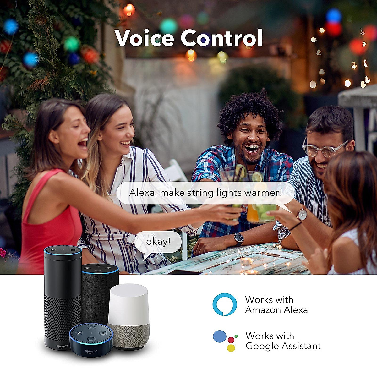 HBN Smart Color-Changing Outdoor String Lights - 48ft, LED, 24 Bulbs, 2.4 Ghz WiFi Needed-Compatible with Alexa, Google Assistant, iOS and Android (Tuya Smart App Needed) No Smart Hub Required